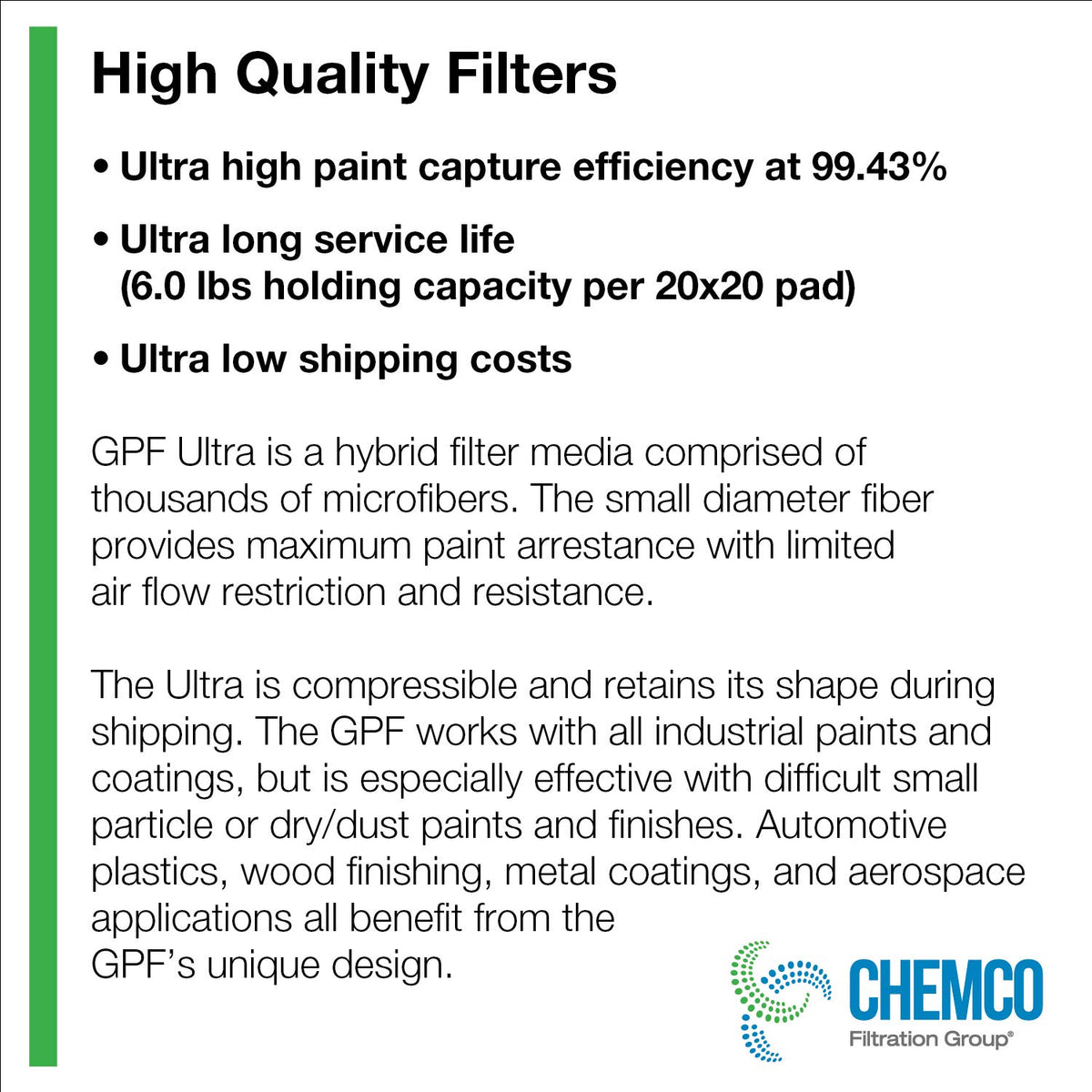 Chemco 20"x20"x1.5" GPF Ultra Fiberglass Paint Spray Booth Exhaust Fil ...